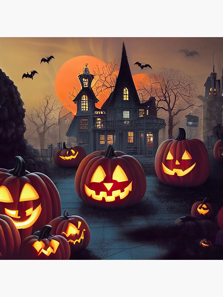 "Smiling Pumpkins with Haunted Houses Sticker" Sticker for Sale by ...
