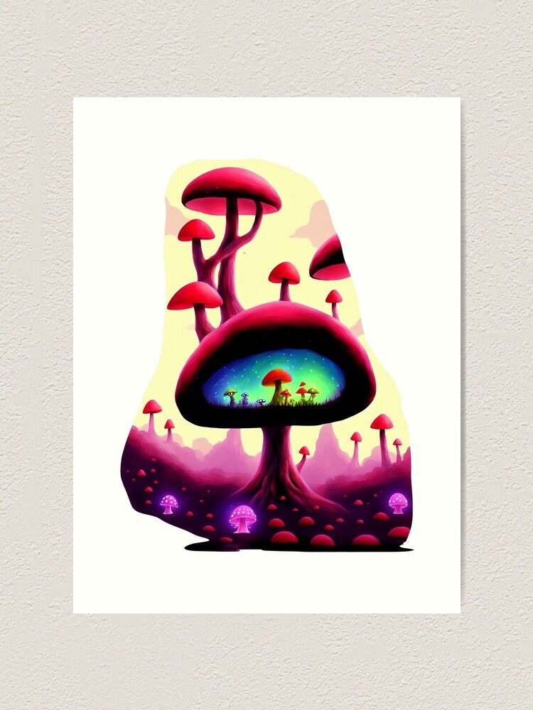 "Glowing pink toadstools and toadstool-people in shroom-caves I" Art ...