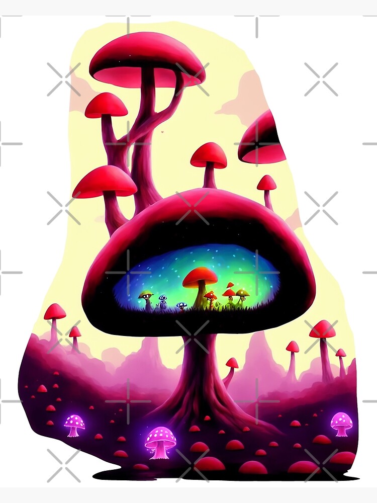"Glowing pink toadstools and toadstool-people in shroom-caves I" Art ...