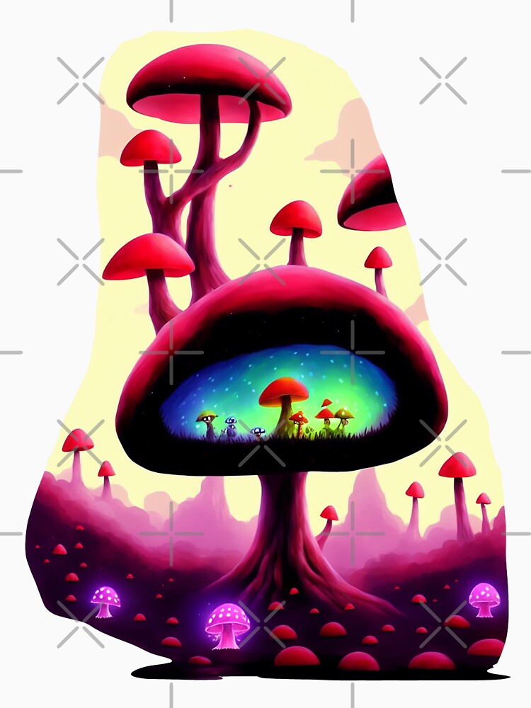 "Glowing pink toadstools and toadstool-people in shroom-caves I" T ...