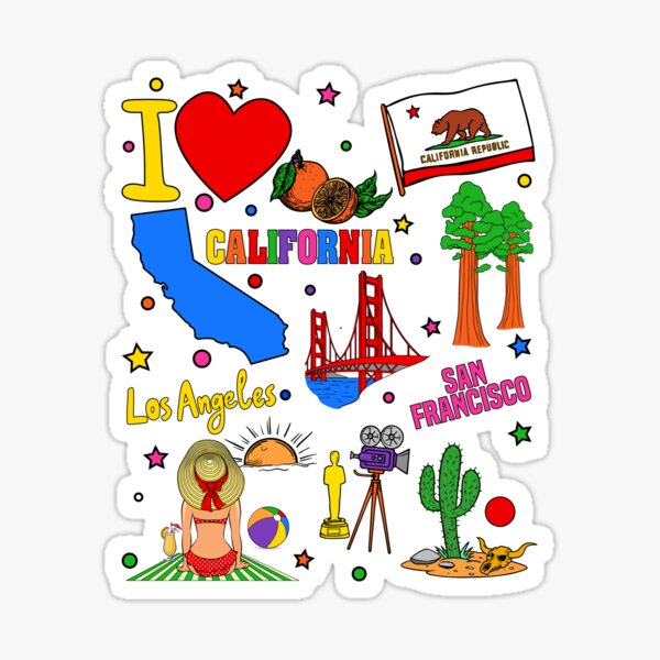 "I love California, state map, Hand drawn Californian landmarks and ...