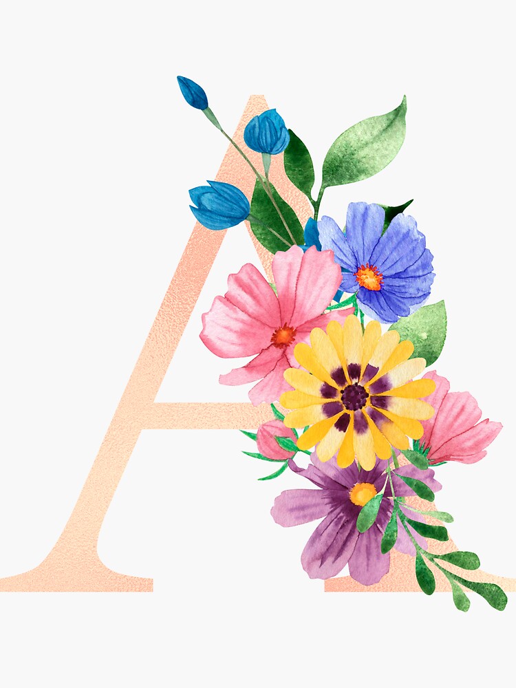 "Rose Gold Blooming Watercolor Floral Initial Letter A" Sticker for ...