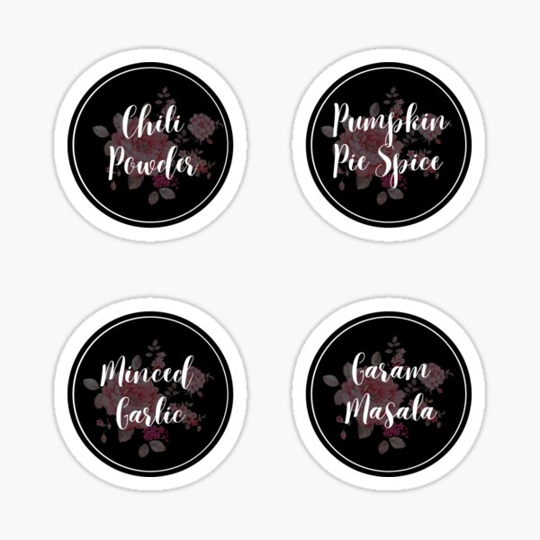 "Seasoning Labels Chili Powder, Pumpkin Pie Spice, Minced Garlic, Garam ...
