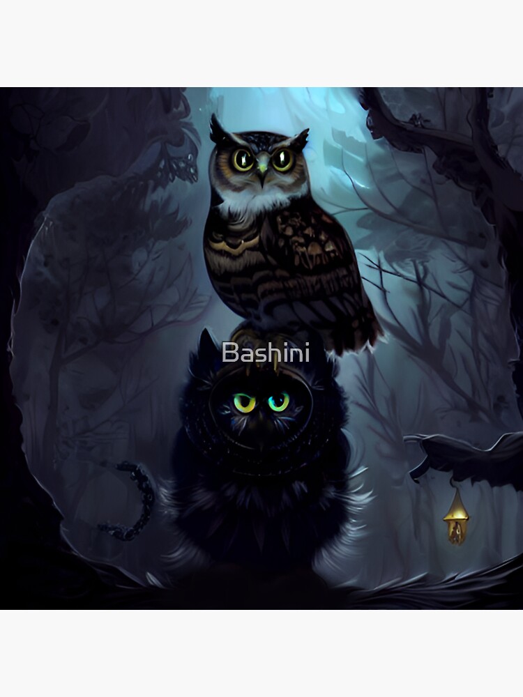 "A Cat And An Owl" Sticker for Sale by Bashini | Redbubble