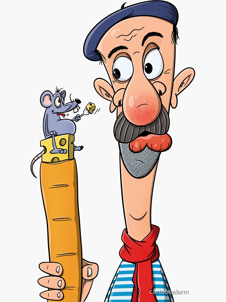 "Frenchman with mouse, baguette and cheese - caricature" Sticker for ...