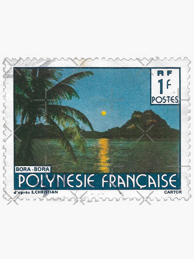 "Full Moon Rising over Bora Bora Vintage French Polynesia Stamp" Sticker for Sale by yousufi ...