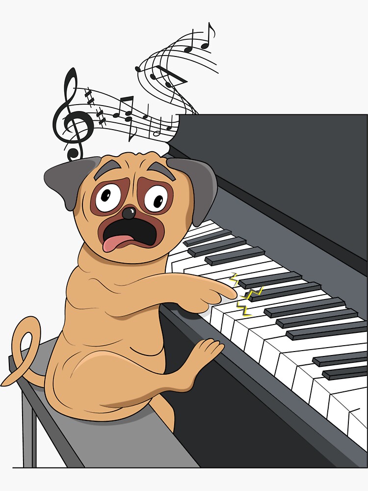 "Piano Pug - A cute confused pug taps a piano key" Sticker for Sale by ...