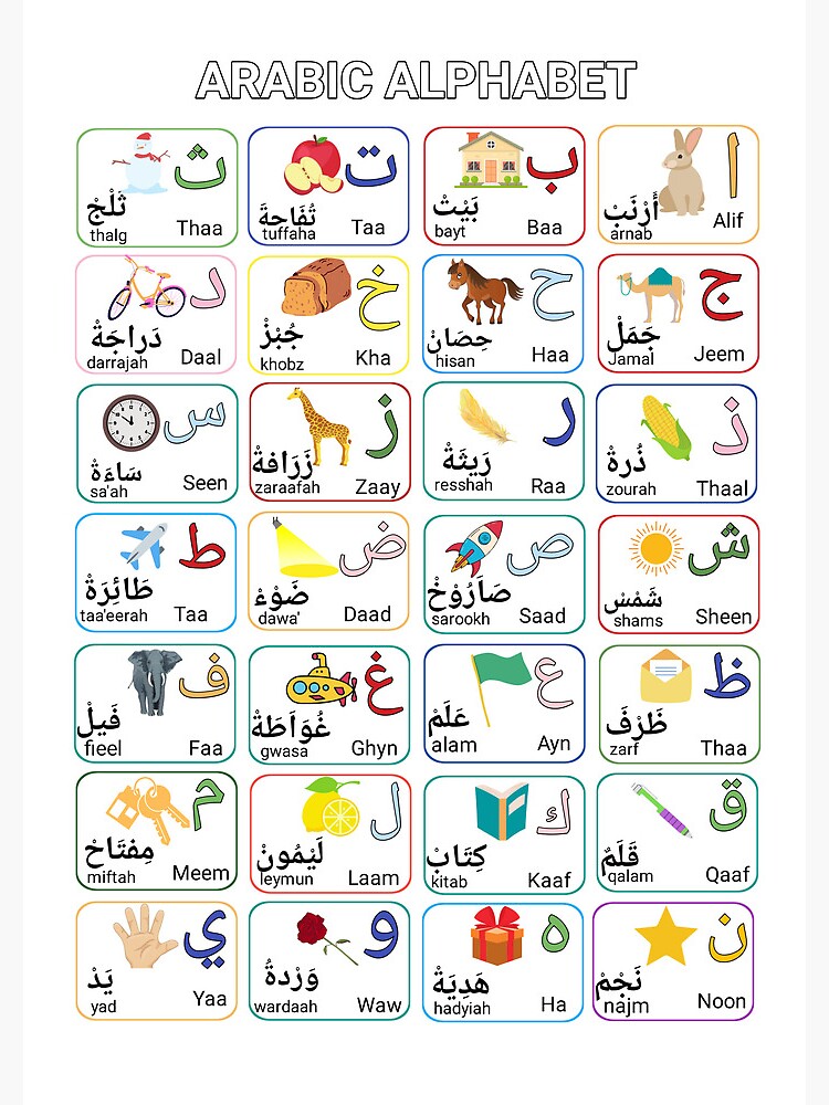 "Arabic alphabet Letters for kids Poster chart Arabic and English text ...