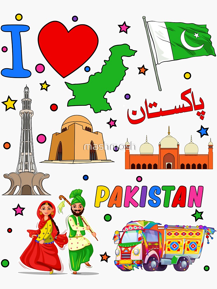 "I love Pakistan. Hand drawn Pakistani Landmarks, flag and map" Sticker ...