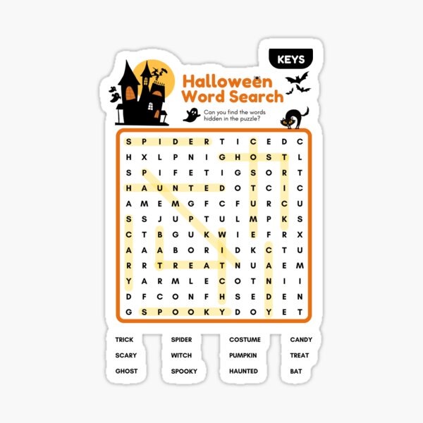"Halloween Word Search Keys Black Orange Worksheet " Sticker for Sale ...