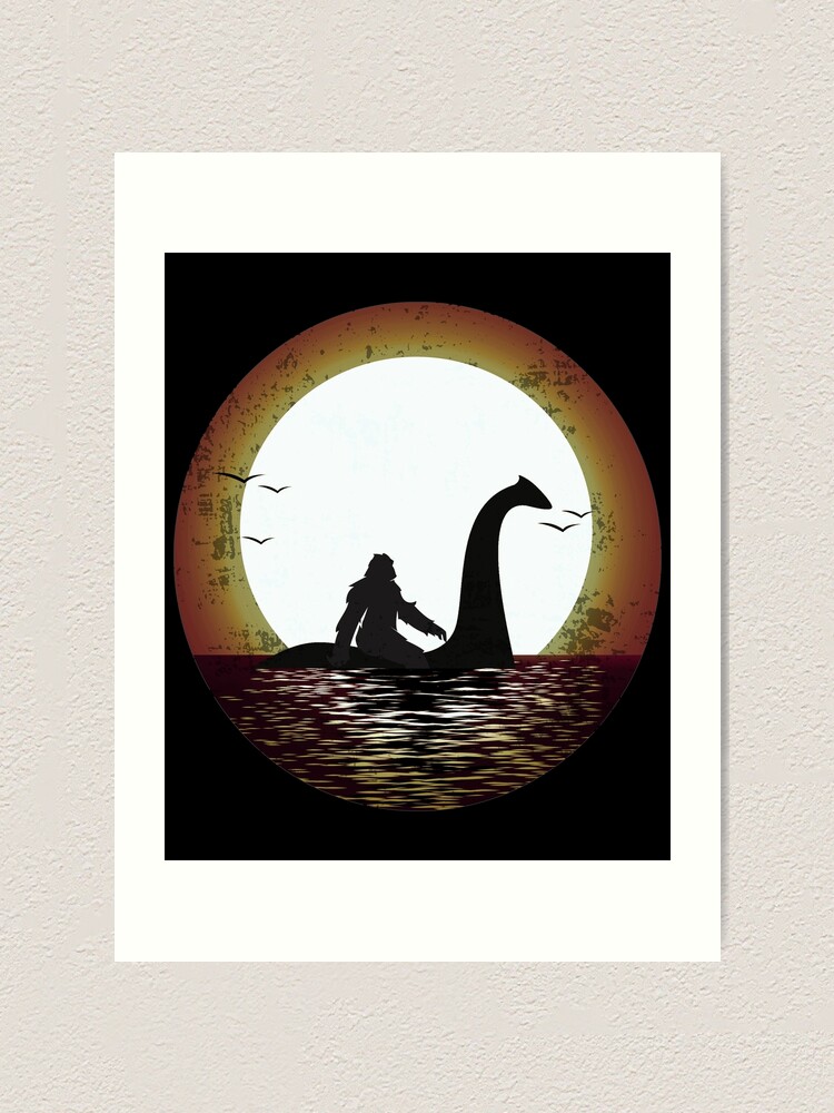 "Bigfoot Sasquatch Riding The Loch Ness Monster and Full Moon" Art Print for Sale by howtotails ...