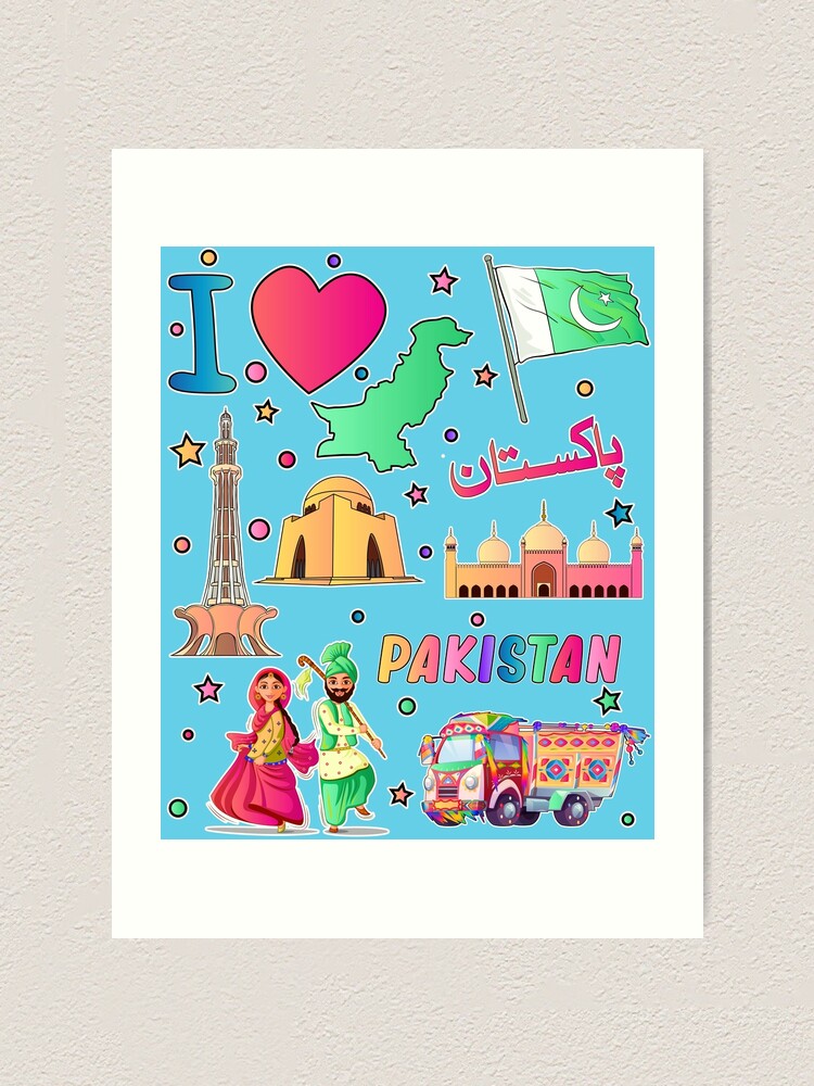 "Pakistani hand drawn landmarks, Pakistan map, Culture icons, flag" Art ...