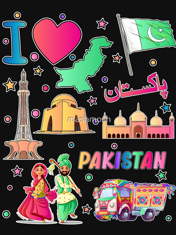 "Pakistani hand drawn landmarks, Pakistan map, Culture icons, flag" T ...