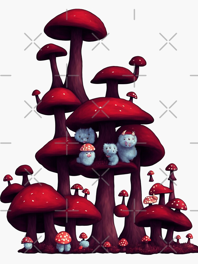 "Cute fluffy monsters with toadstool hats hiding in mushroom forest ...