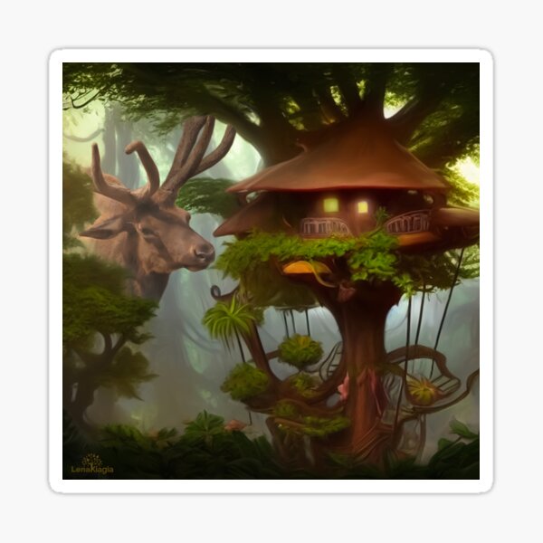 "Treehouse | A huge Deer watching the Tree House in a magical forest ...
