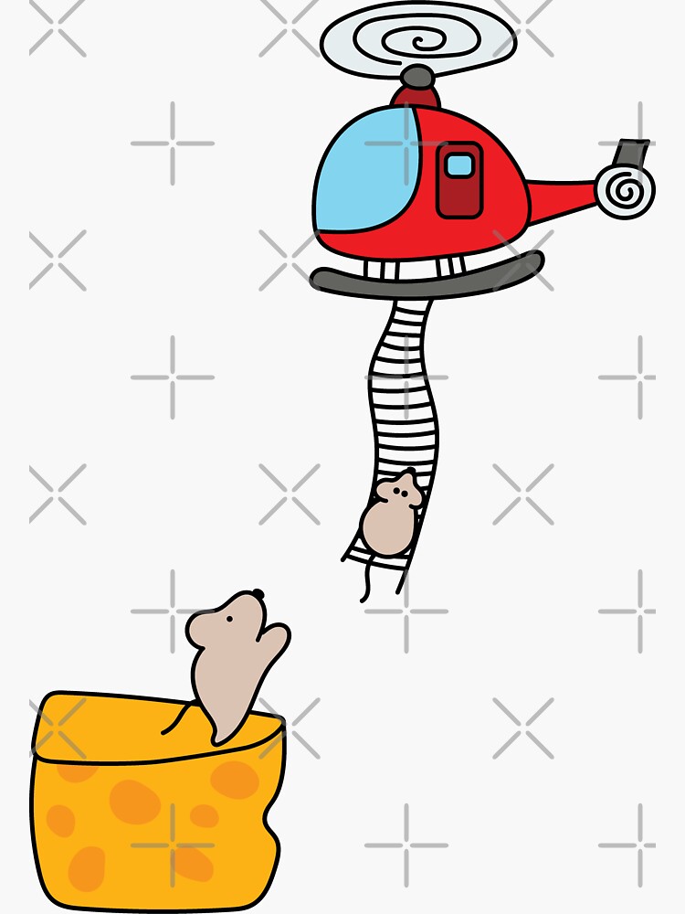 "funny mouse on top of a cheese taking helicopter rope ladder" Sticker ...
