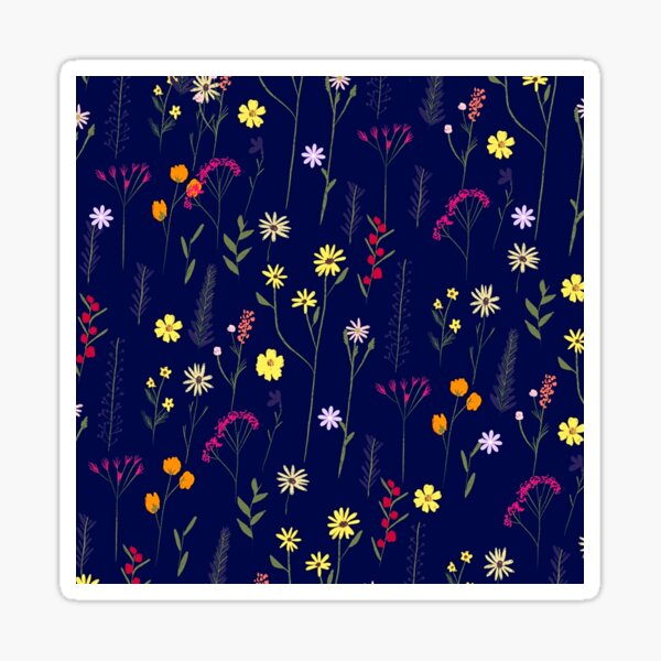 "Hand drawn cute dried pressed flowers illustration navy blue " Sticker ...