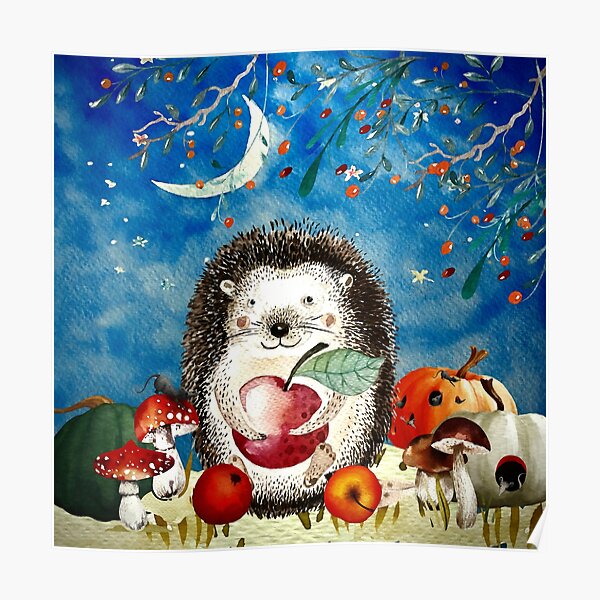 "Autumn Woodland Friends Hedgehog Forest Animals Illustration" Poster ...