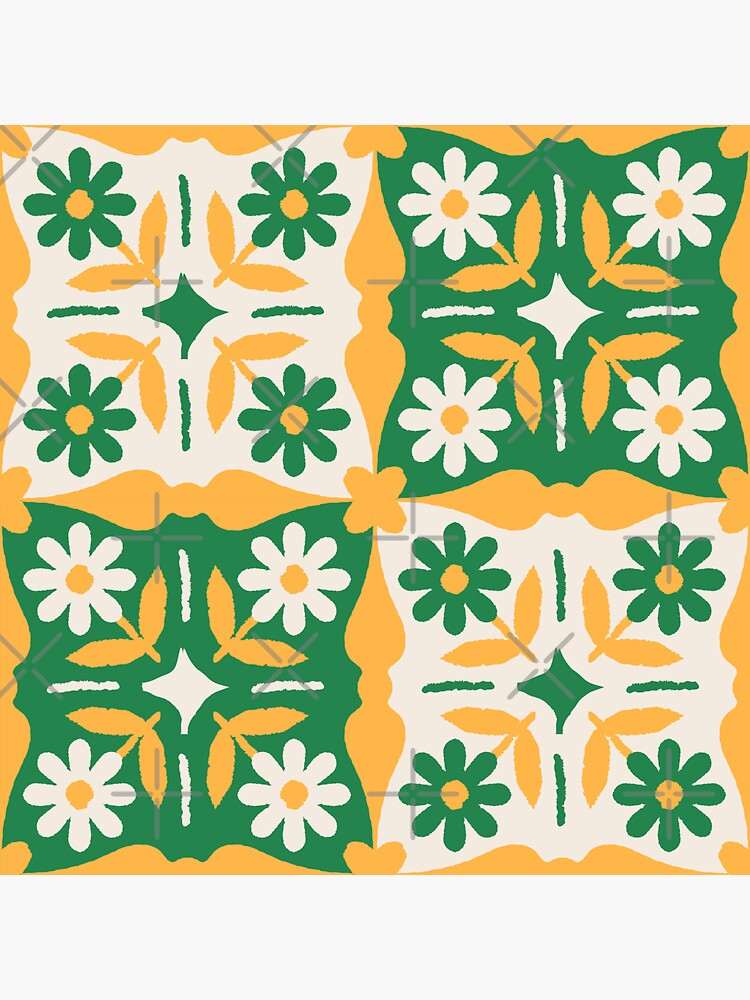 "colorful green and orange flowers tile pattern boho style" Sticker for ...
