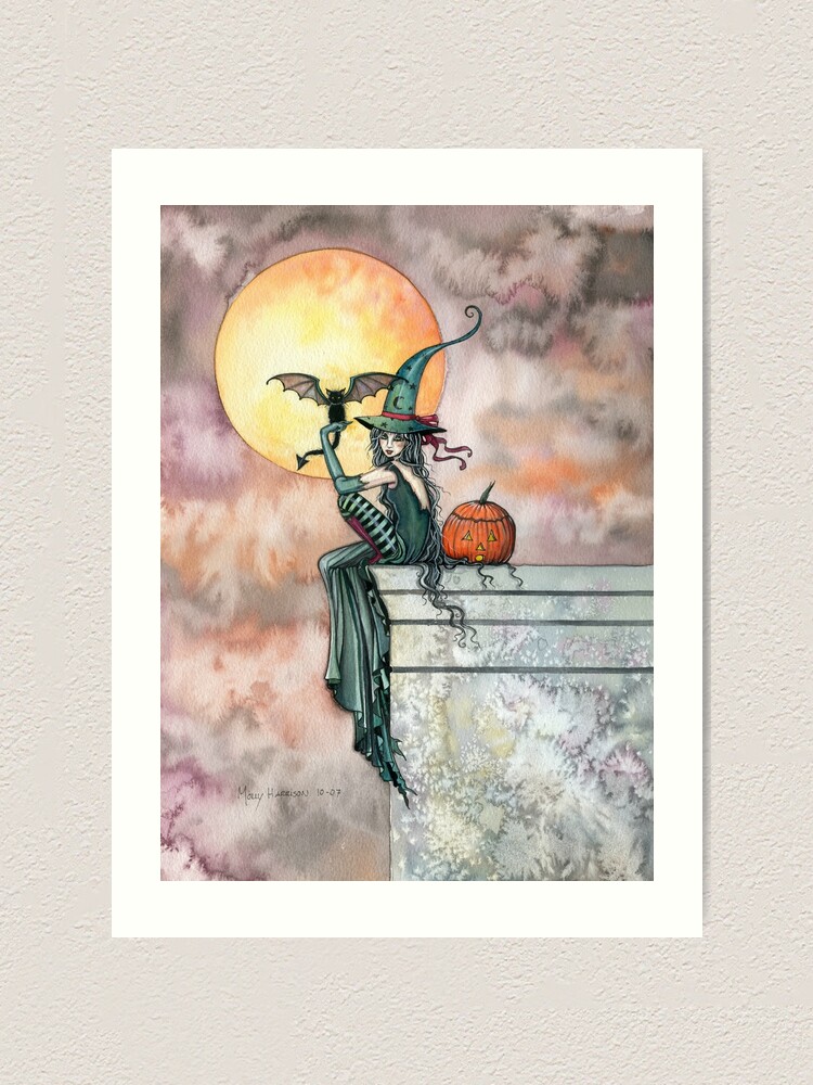 "Batty Cat Witch Halloween Fantasy Art by Molly Harrison" Art Print for ...