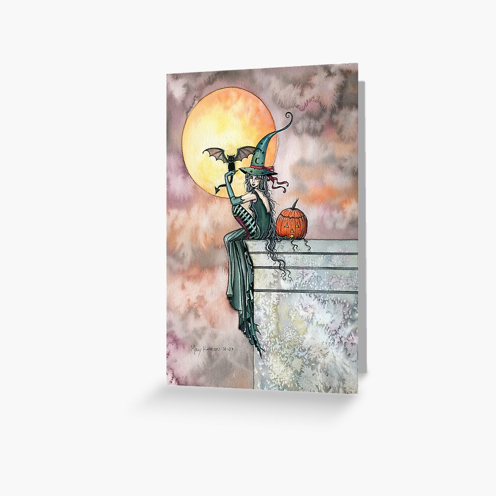 "Batty Cat Witch Halloween Fantasy Art by Molly Harrison" Greeting Card ...