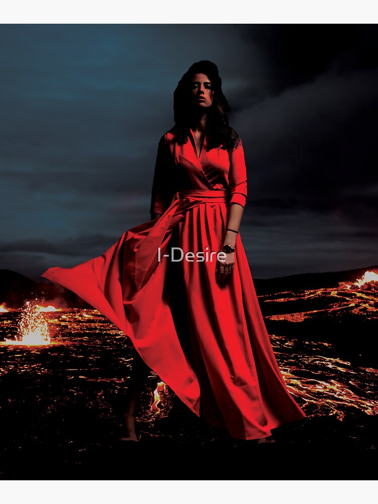 "Red Dress, Surreal Photographic Image of Volcano Eruption." Sticker ...