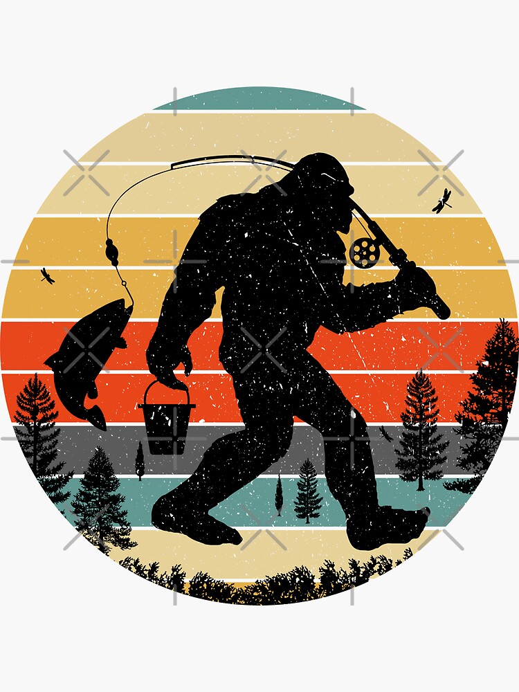 "Bigfoot Fishing, Yeti Sasquatch Fishermen Retro Vintage" Sticker for ...