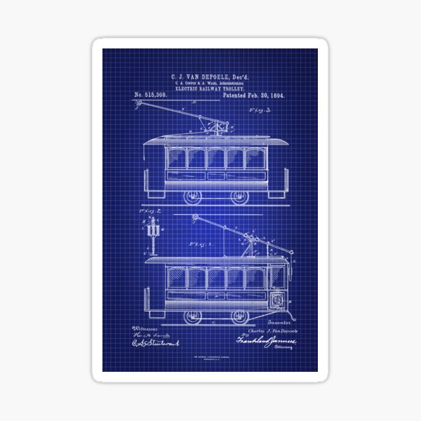 "Patent of a electric railway trolley on a blueprint background ...