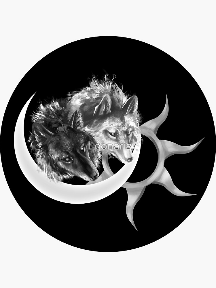 "Moon and Sunwolf Black and White" Sticker for Sale by Loonaris | Redbubble