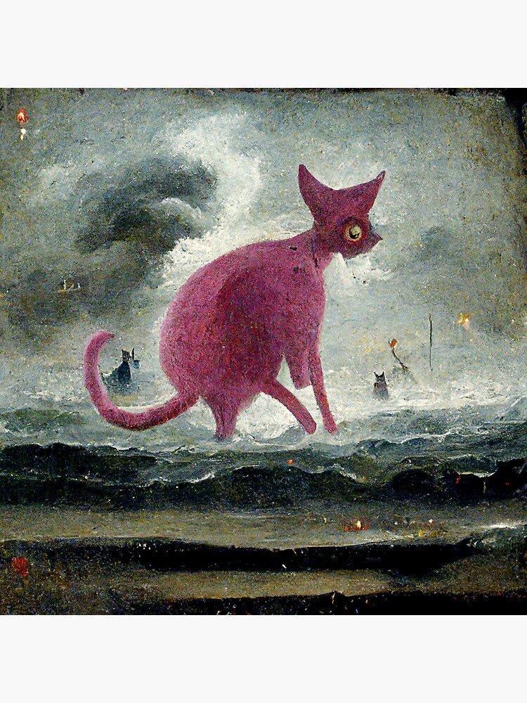 "Hieronymus Bosch paints a pink cat at a Stormy Beach II" Sticker for ...