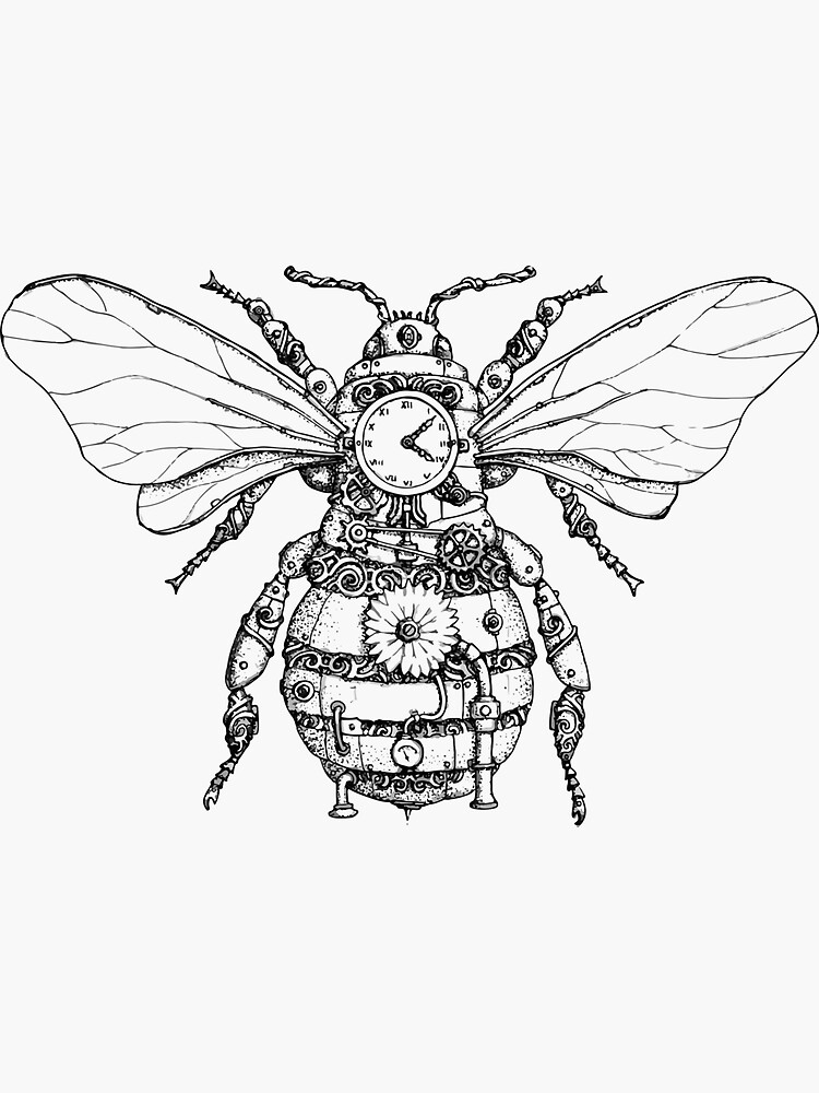 "Steampunk Bee Ink Drawing (black lineart)" Sticker for Sale by ...