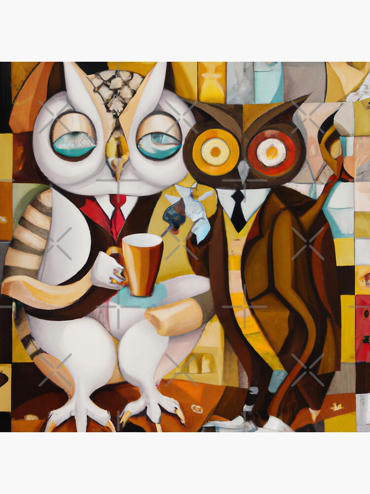 "Cat and Owl at the Cafe Sticker" Sticker for Sale by NaomiGTZP | Redbubble