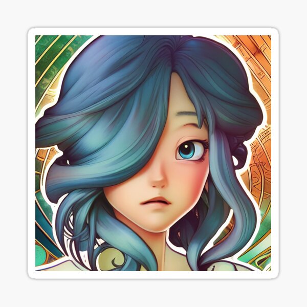 "Portrait in anime style of a beautiful girl with blue hair" Sticker ...