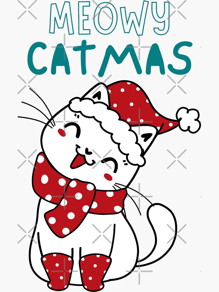 Meowy Catmas Cute Kitty With Santa Hat Christmas Puns Sticker For