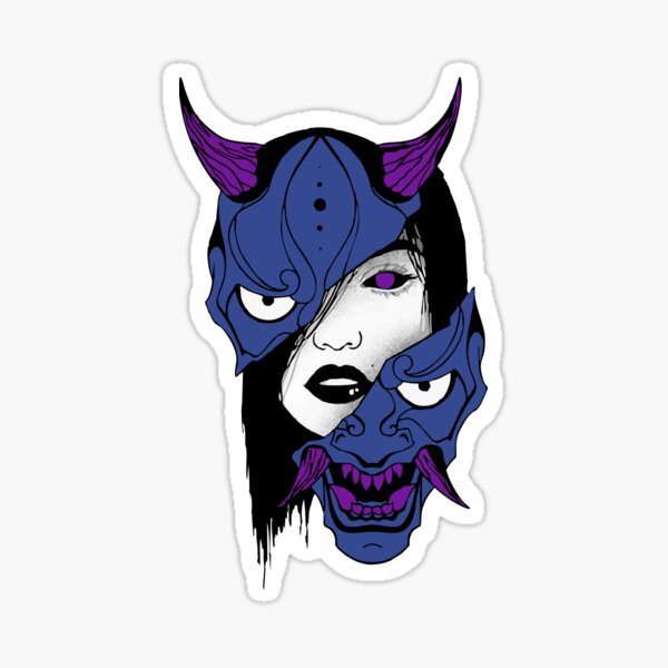 "Hannya girl split face blue | Oni girl split face blue " Sticker for ...