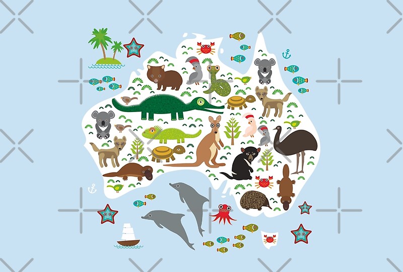 "Australian animal map and ocean Echidna Platypus ostrich Emu Tasmanian ...