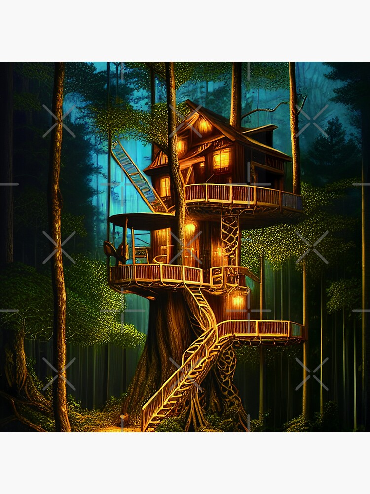 Póster «Magical Cottage Tree House con luces en el bosque con árboles ...