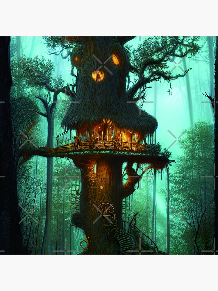 Póster «Magical Cottage Tree House con luces en el bosque con árboles ...