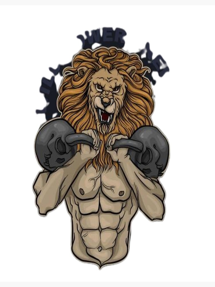 "Bodybuilder with dumbbells and a ferocious lion's head vector" Poster ...