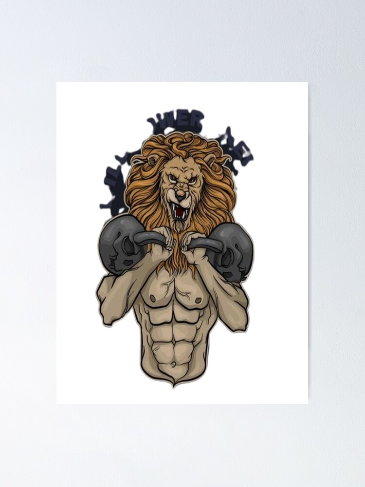 "Bodybuilder with dumbbells and a ferocious lion's head vector" Poster ...