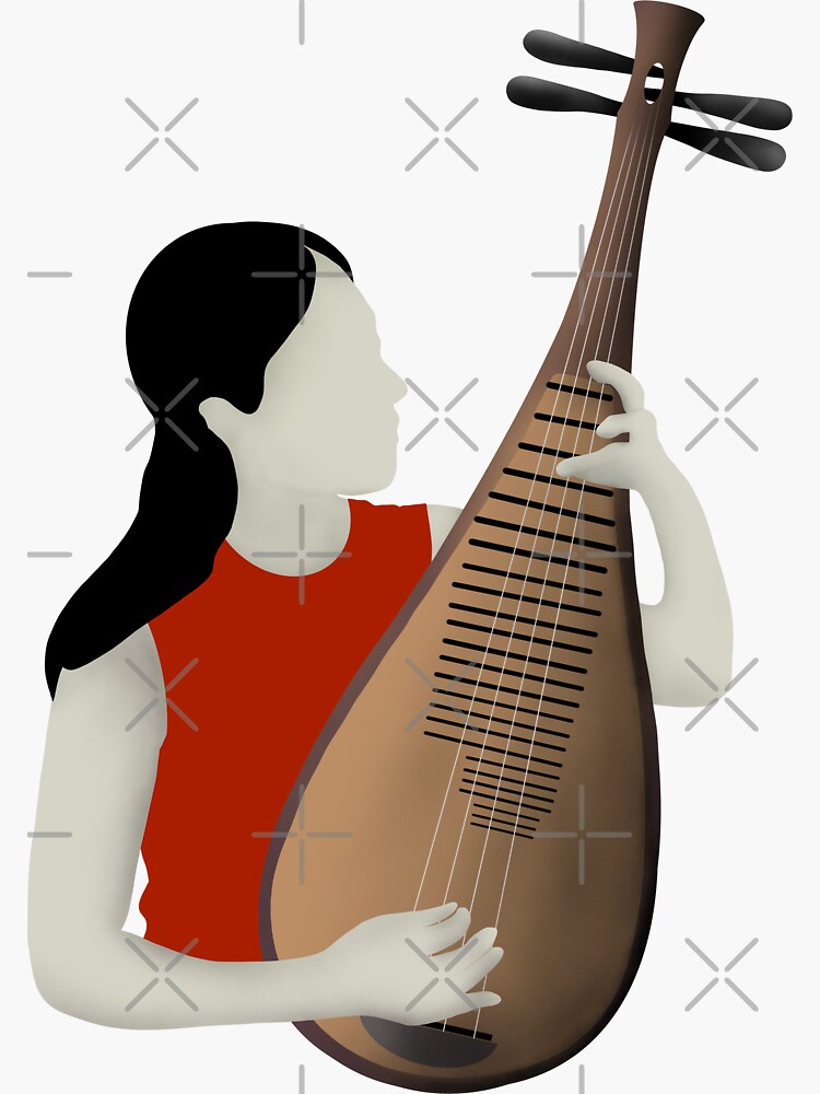 "Chinese female musicians playing music stickers, color painting of ...