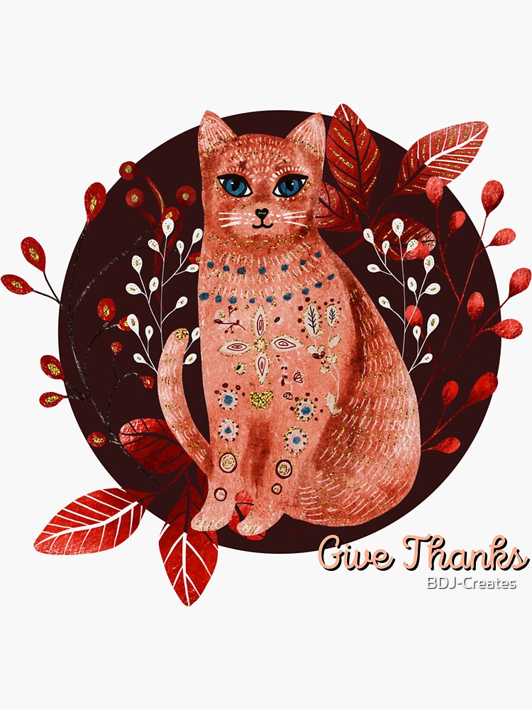 "Give Thanks - Cat Holiday Design" Sticker for Sale by BDJ-Creates ...