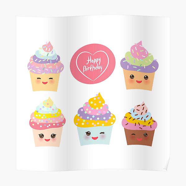 "Yummy cupcakes Happy Birthday Card design with Cupcake Kawaii funny ...