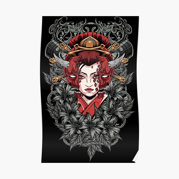 "Japanese Demon Geisha Ink Tattoo Illustration" Poster for Sale by ...