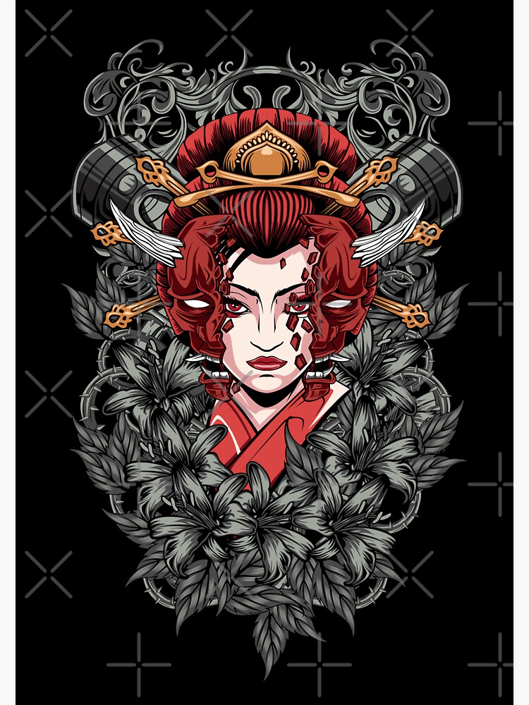 "Japanese Demon Geisha Ink Tattoo Illustration" Sticker for Sale by ...