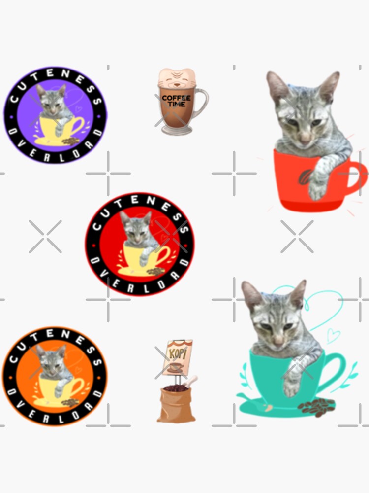"Sticker Pack Cuteness Overload With Coffee Time Cat In A Mug" Sticker ...