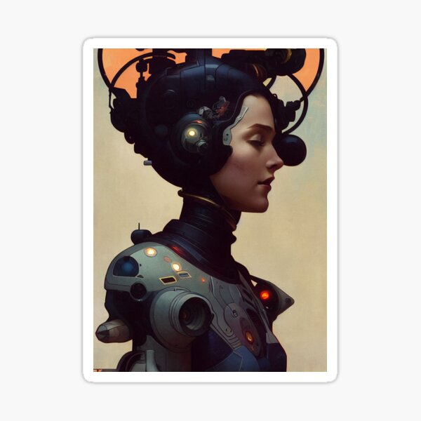 "Retro Sci Fi Female Cyborg Robot Vintage Space Illustration" Sticker ...