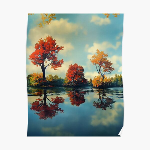 "Autumn trees reflection in the water watercolor painting" Poster for ...