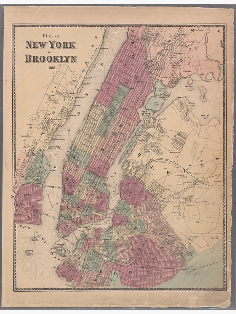 Vintage Map of NYC, Brooklyn & Harlem 1868 Premium Matte Vertical ...