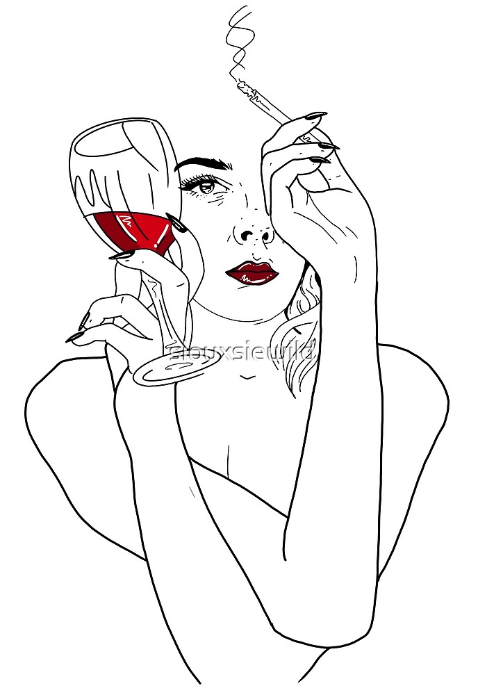 "Amber line art : Classy woman smoking drinking wine" by Siouxsie Wild ...